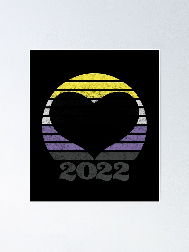 "2022 Non-Binary Pride Flag Inspired Retro Sunset with heart silhouette ...