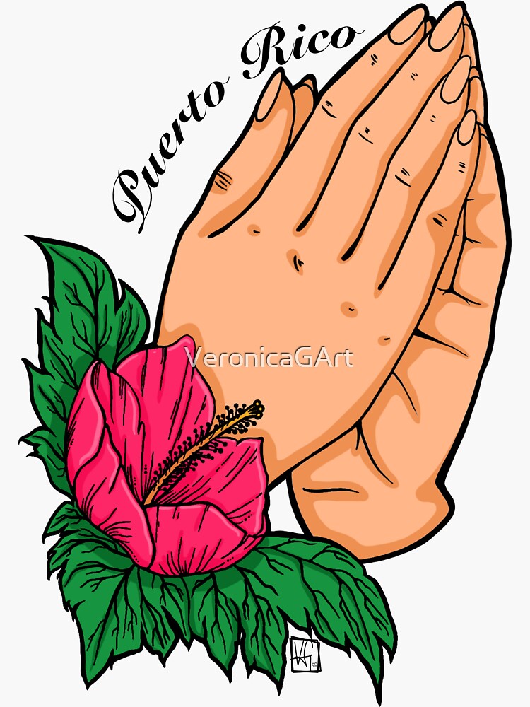 Pegatina «Manos Rezando, Puerto Rico Flor Maga» de VeronicaGArt | Redbubble