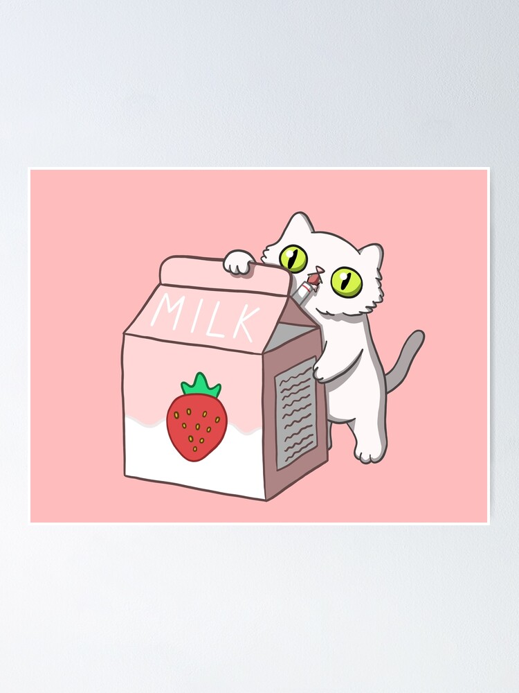 Cute Kawaii Strawberry Milk Kitty Cat Poster For Sale By