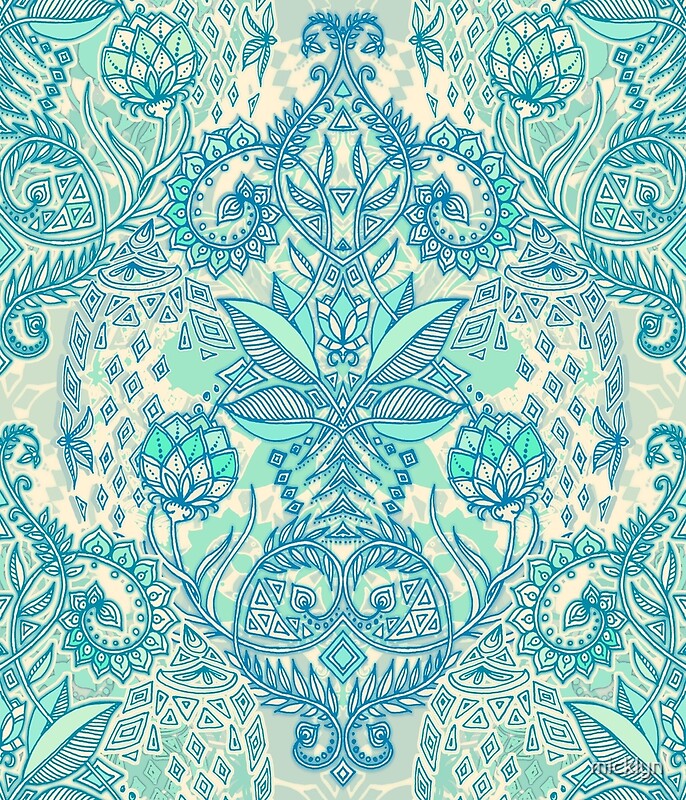 "Botanical Geometry - nature pattern in blue, mint green & cream" by ...