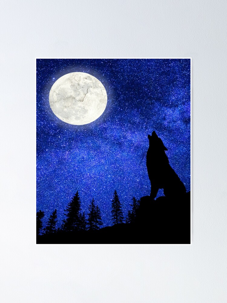 "Wolf Howl Mountain Moonlit Night Sky" Poster for Sale by MMwolfdogden ...