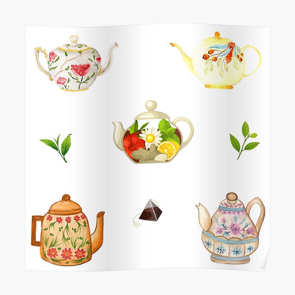 "Flower Teapots and Green Tea Leaves" Poster for Sale by silviaol ...