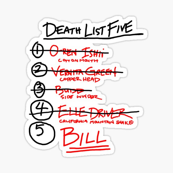 "Kill Bill Death List Five" Sticker for Sale by ThatBenGuy23 | Redbubble