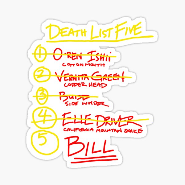"Kill Bill Death List Five" Sticker for Sale by ThatBenGuy23 | Redbubble