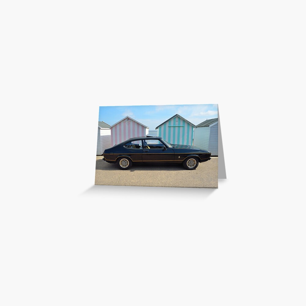 "Classic Black Ford Capri Parked in front of beach huts." Greeting Card ...