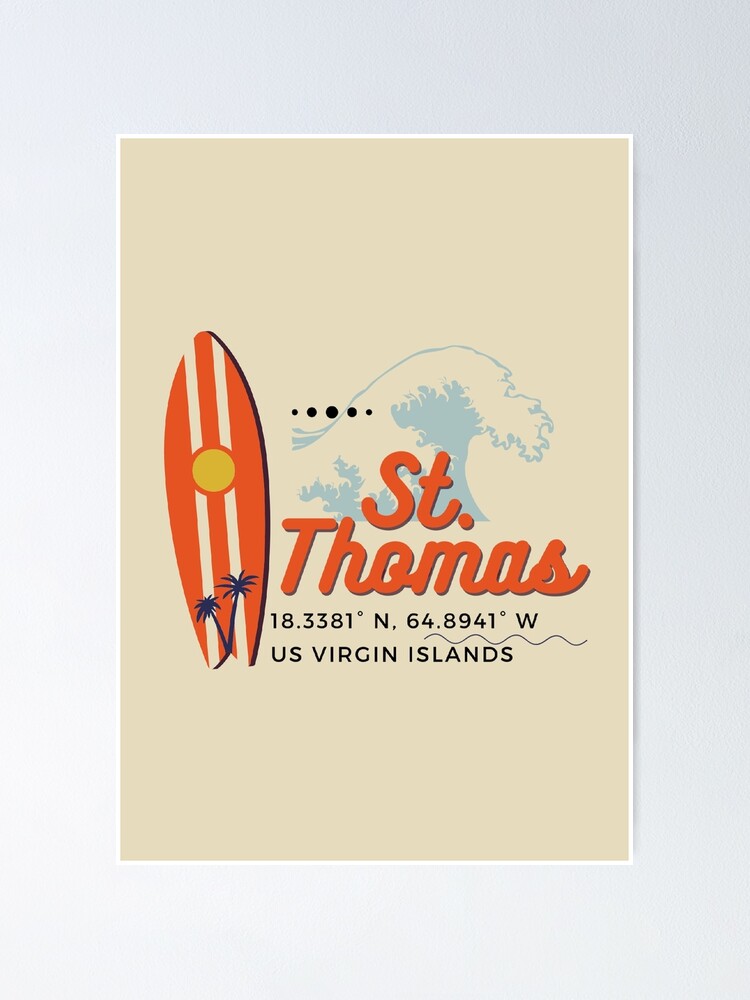 "St. Thomas, US Virgin Islands. Retro Surfing Board, Palm Trees & Waves ...