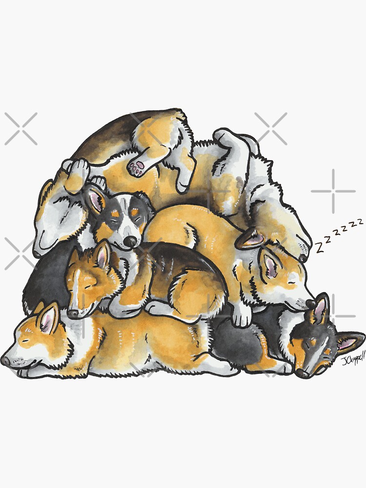 "Sleeping pile of Corgi dogs" Sticker by animalartbyjess | Redbubble