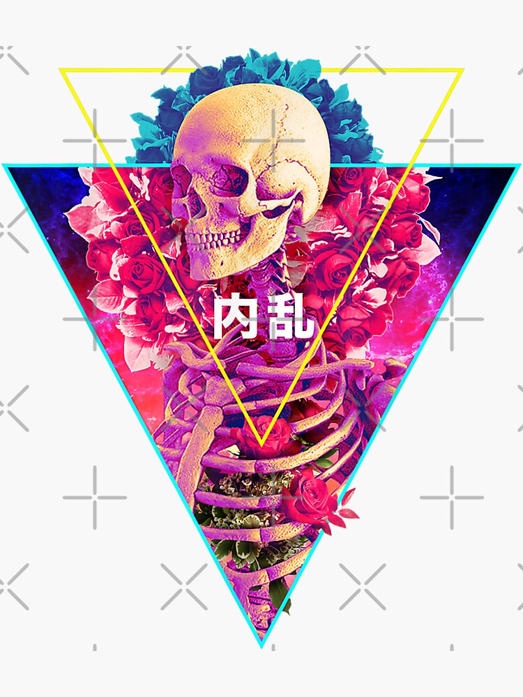 "Vaporwave Skeleton With Flowers Inner Turmoil Japanese Kanji" Sticker ...