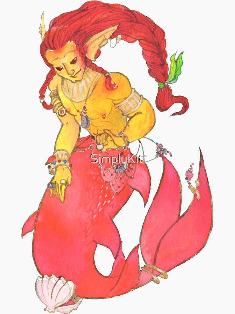 "MerMay Red Braided Merman with Pearl Watercolor" Sticker for Sale by ...