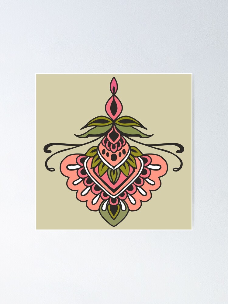 "Peach and Green Fan Henna Design with Tan Background " Poster for Sale ...