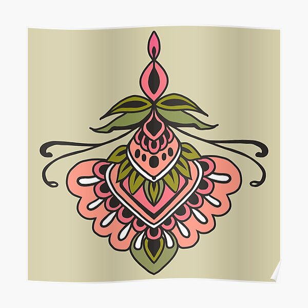 "Peach and Green Fan Henna Design with Tan Background " Poster for Sale ...