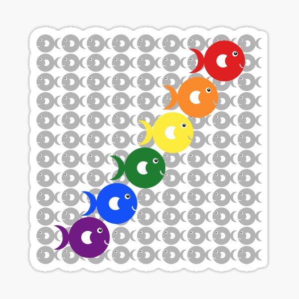 "Rainbow coloured fish swimming across grey dull fish, gay pride, pride ...