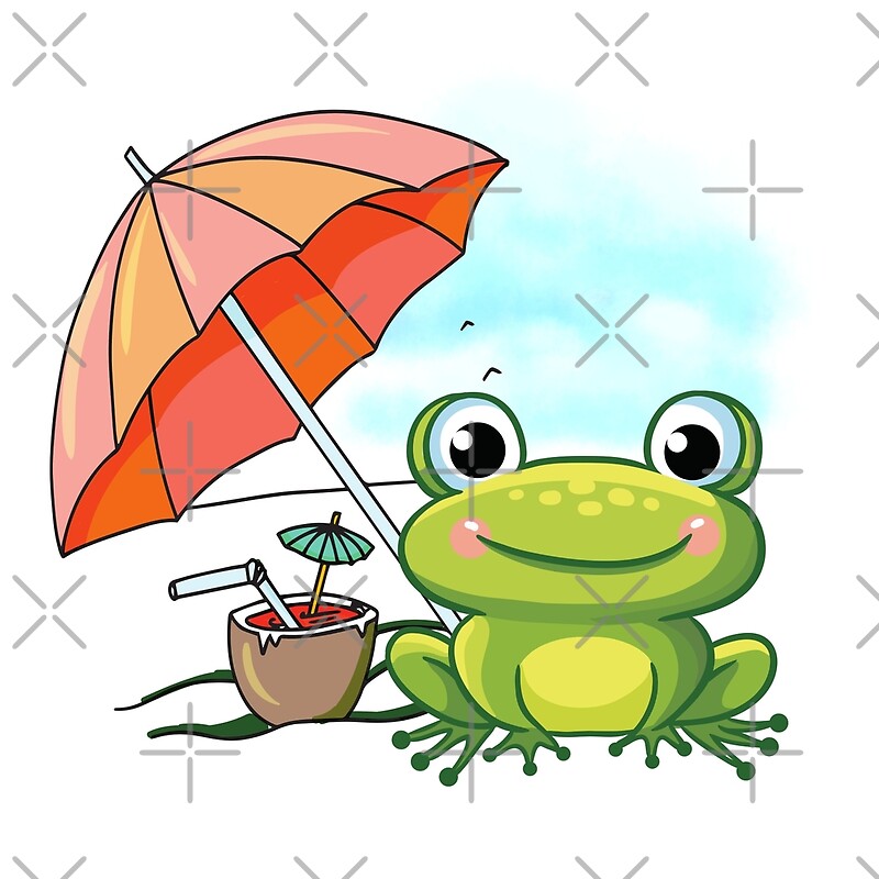 "Frog, cute frog at the beach with umbrella and drink, vacation ...
