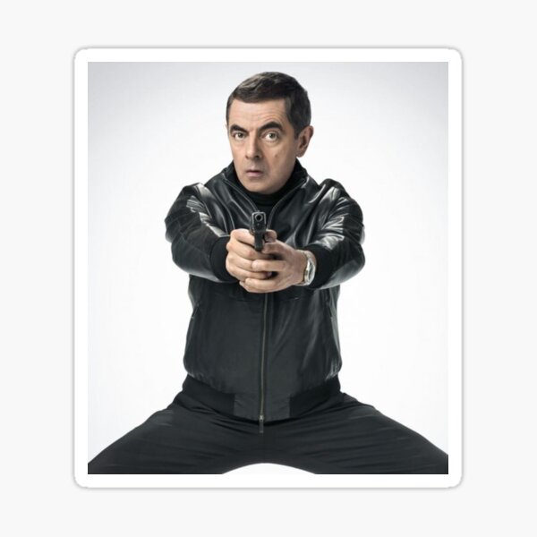 "Rowan Atkinson Holding Gun" Sticker for Sale by aforartists | Redbubble