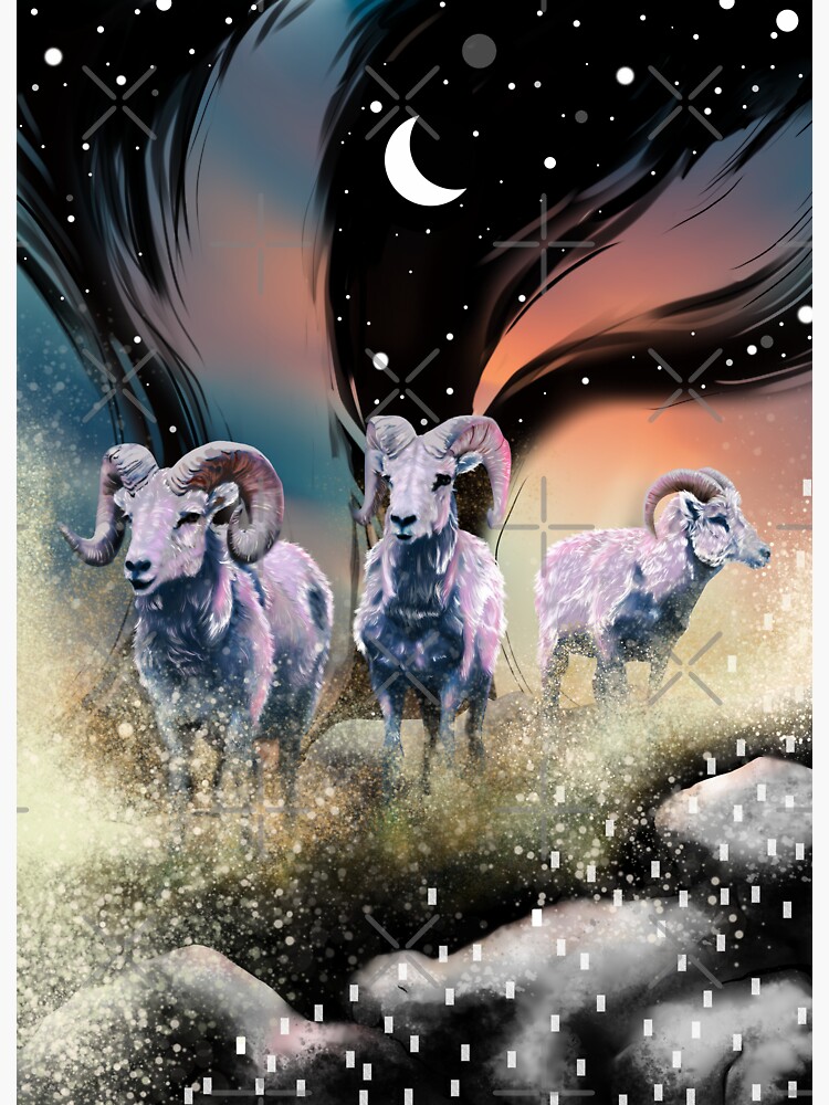 "Three Bighorn Sheep Fantasy Celestial Animal Art Illustration with ...