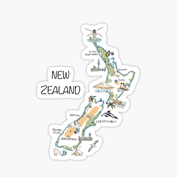 "New Zealand illustrated map" Sticker for Sale by manuelaannaa | Redbubble