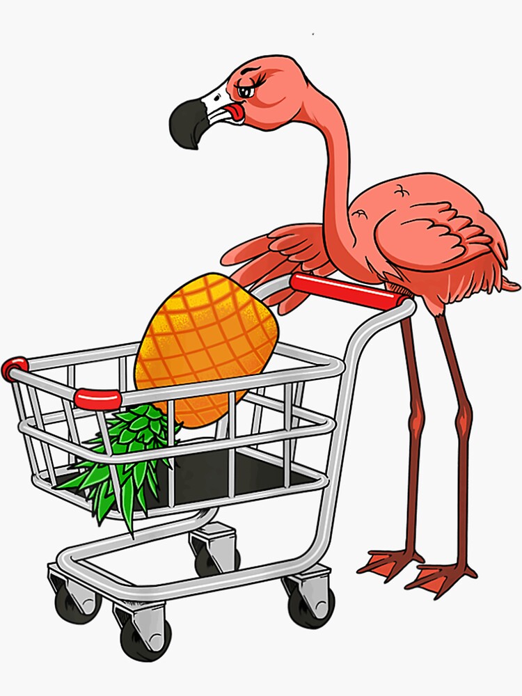 "Swinging Flamingo Pushing Shopping Cart with Pineapple " Sticker for ...