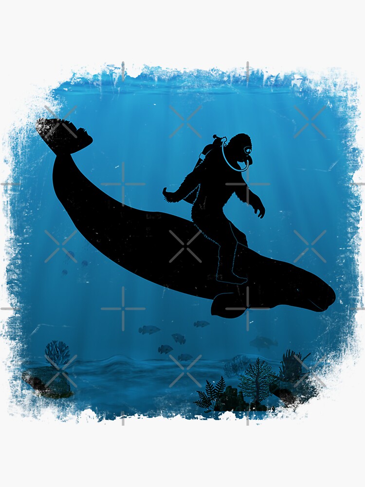 "Bigfoot Scuba Diving Riding A Beluga Whale In Deep Sea" Sticker for ...