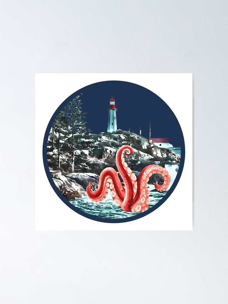 "Lighthouse & Kraken with Navy Sky" Poster for Sale by MollieMimosa ...