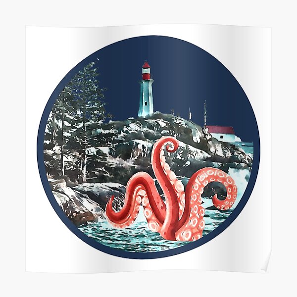 "Lighthouse & Kraken with Navy Sky" Poster for Sale by MollieMimosa ...