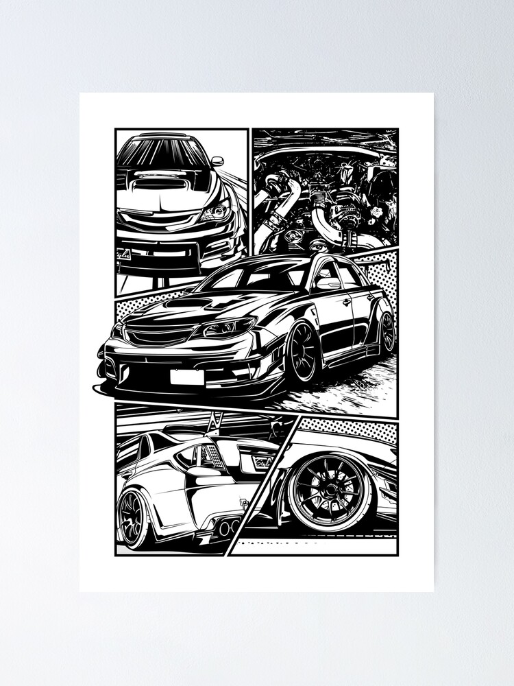 "WRX STI Black White Racing Car Comic Auto Motorsport Engine" Poster ...