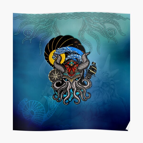 "Funny octopus with horns and ship" Poster for Sale by nicky2342 ...