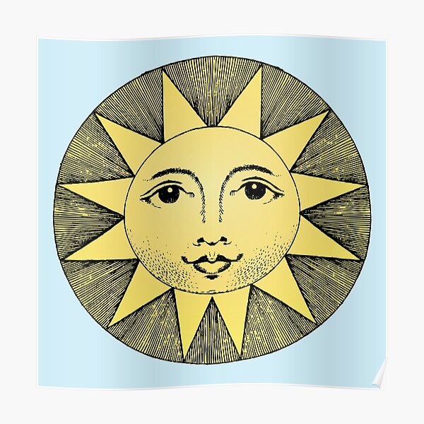 "celestial yellow sun with face line drawing vintage" Poster for Sale ...