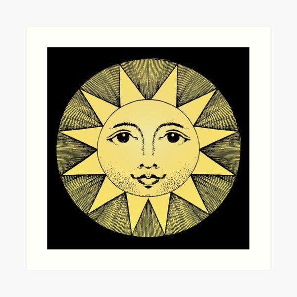 "celestial yellow sun with face line drawing vintage black" Art Print ...