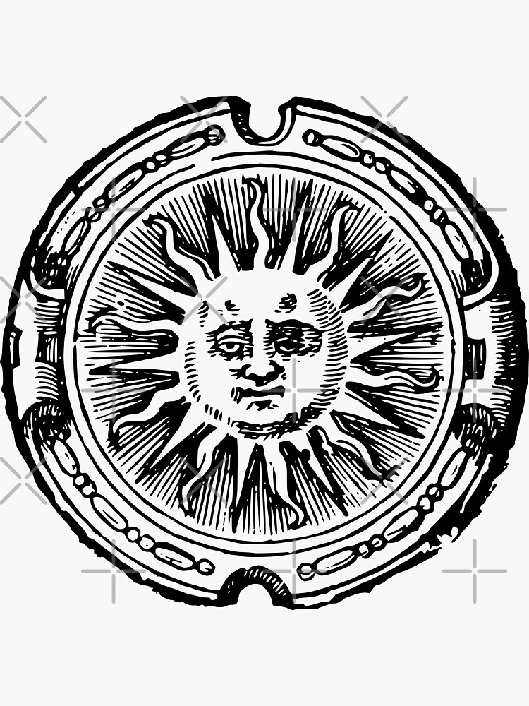 "celestial grumpy sun with face line drawing vintage rays" Sticker for ...