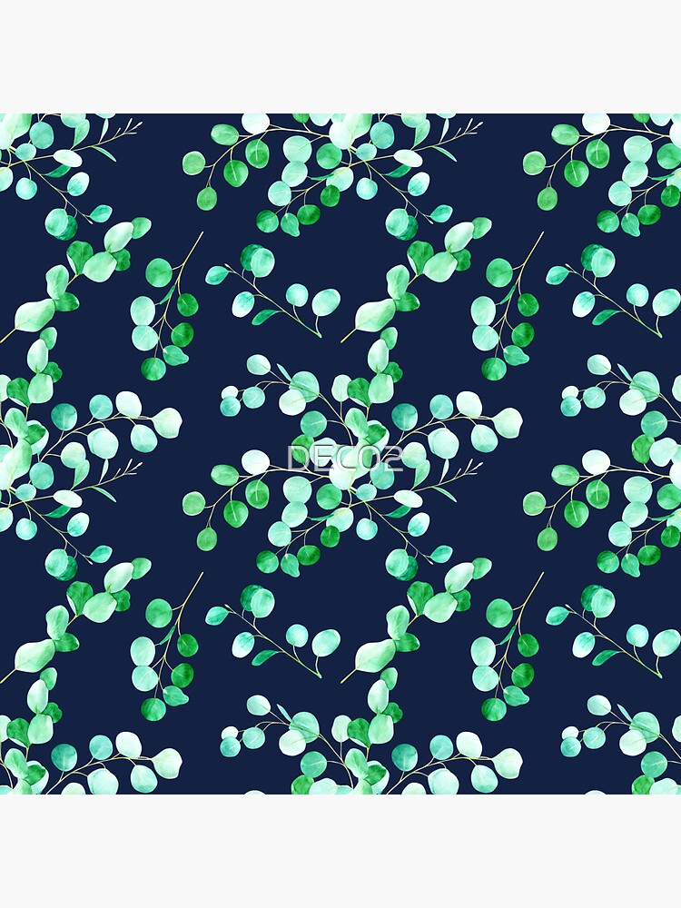 "Eucalyptus Leaves Pattern On Midnight Blue Background" Sticker for ...