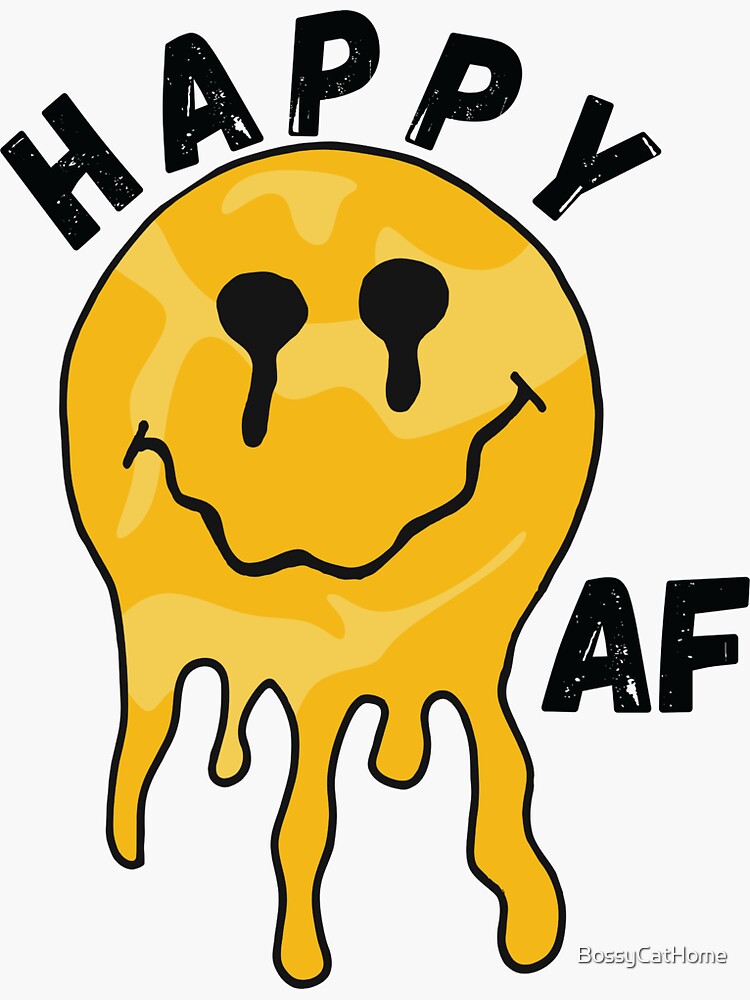 "Acid Smiley Face Happy AF | Yellow" Sticker for Sale by BossyCatHome ...