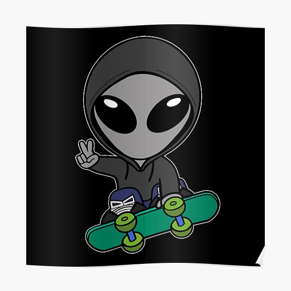 "Skateboarding Gray Space Alien Cartoon" Poster for Sale by ...