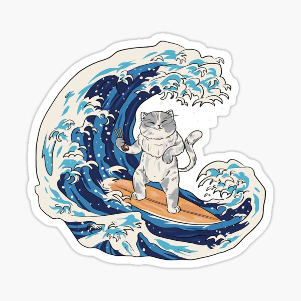 "japanese-wave-surfing-cat-t-shirt-design" Sticker for Sale by ...