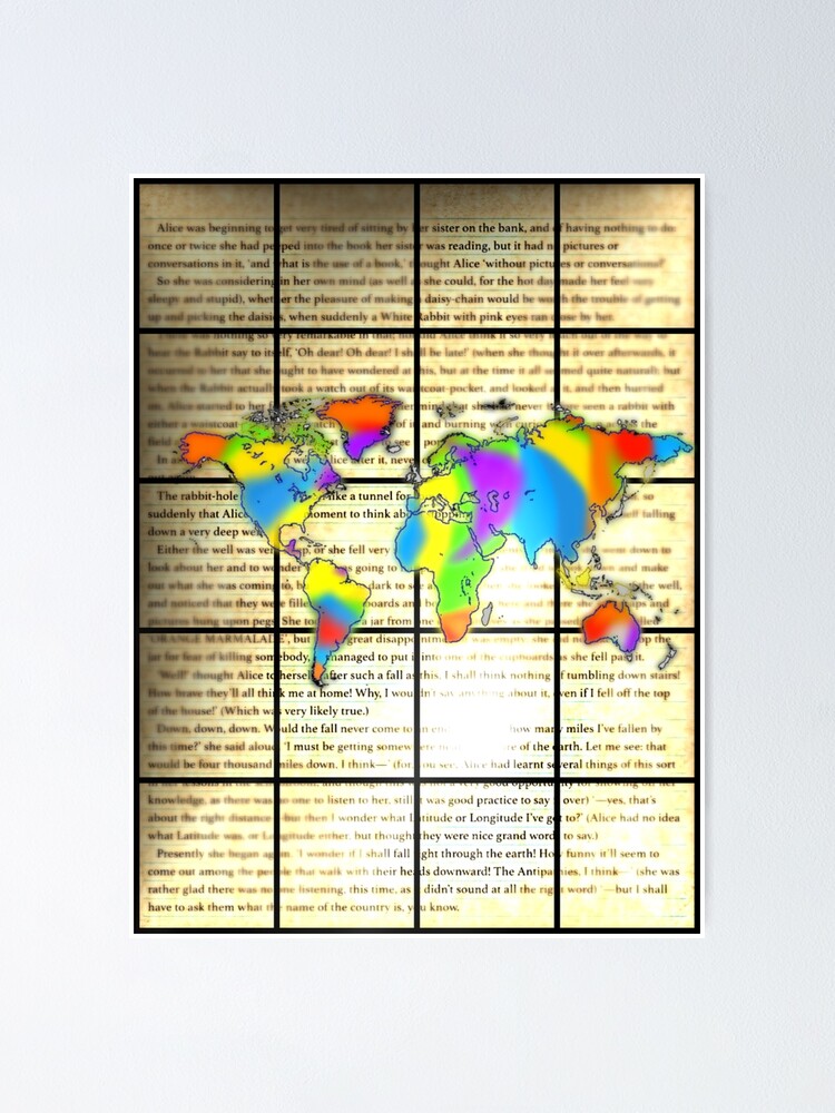 "Colorful world map with old text backround" Poster for Sale by sikmnxj ...