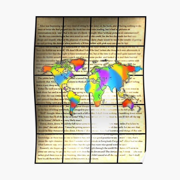 "Colorful world map with old text backround" Poster for Sale by sikmnxj ...