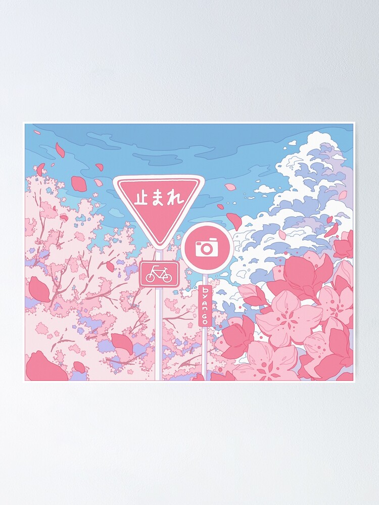 "The cute Japanese signs, sky, and pink cherry blossom " Poster for ...