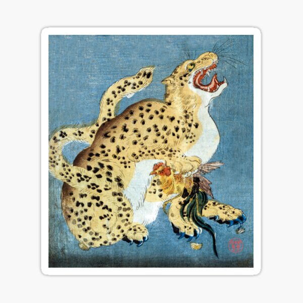 "Leopard with a caught rooster" Sticker for Sale by JapaneseArtGear ...