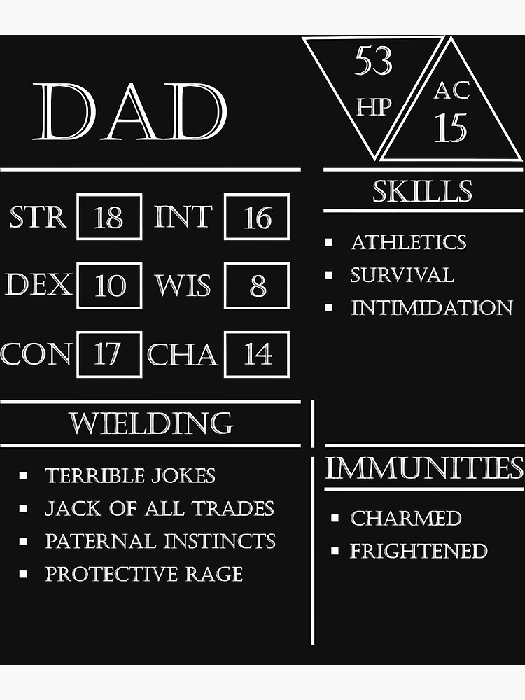 "Dad stats character sheet white" Poster for Sale by HellenDeng | Redbubble