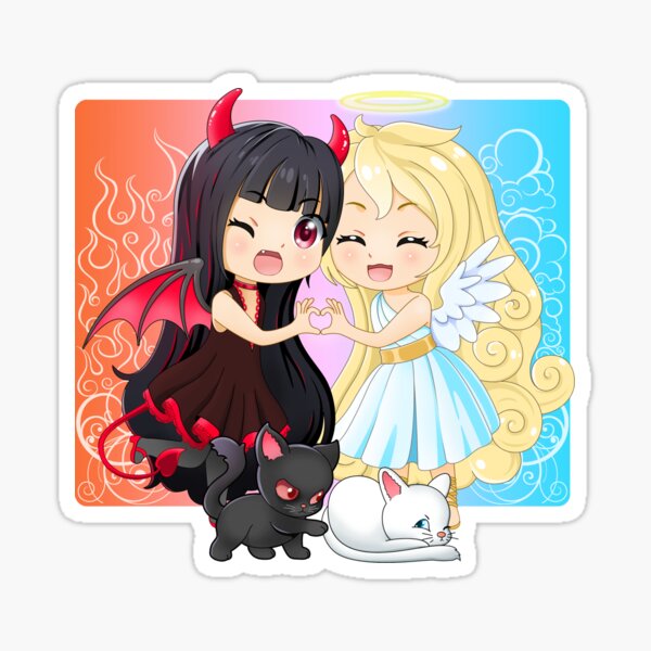 "Cute Chibi Devil and Angel Love (and Kitties)" Sticker for Sale by EllyMellow | Redbubble