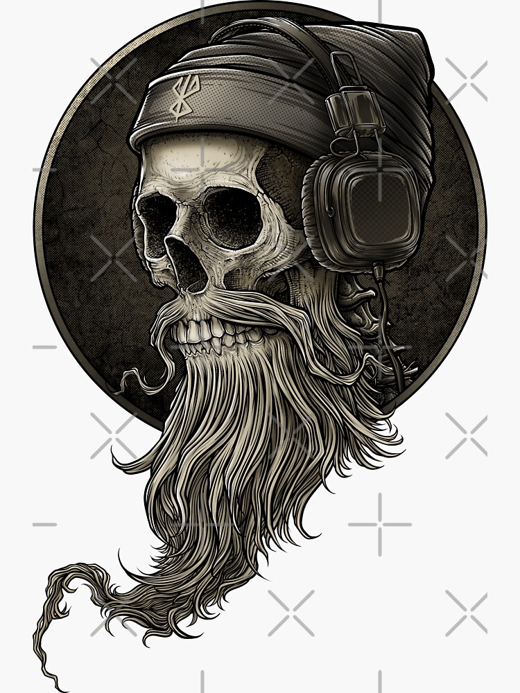 "Viking Vintage Skull Beard with Headphone " Sticker for Sale by Winya ...