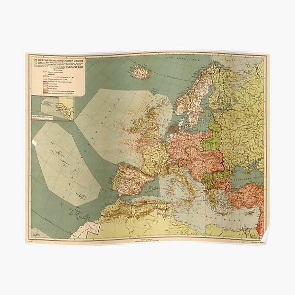 "World War I German Submarine (U-Boat) Map (1918)" Poster for Sale by ...