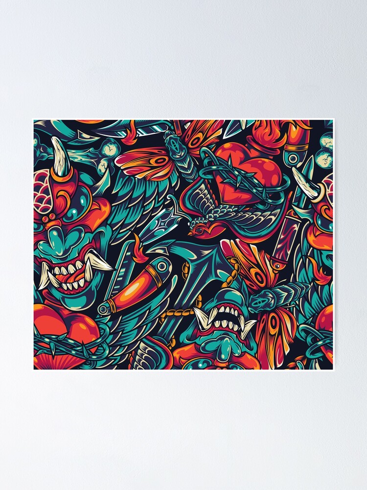"demon pattern red blue color" Poster for Sale by klimov0101 | Redbubble