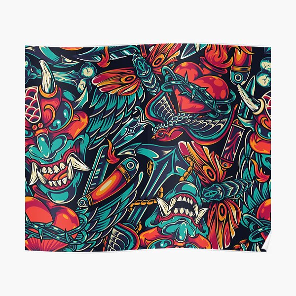 "demon pattern red blue color" Poster for Sale by klimov0101 | Redbubble