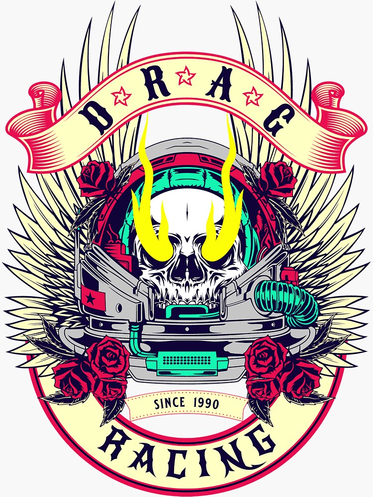 "Racing Skull, with Wings and Roses 'Drag Racing'" Sticker for Sale by ...