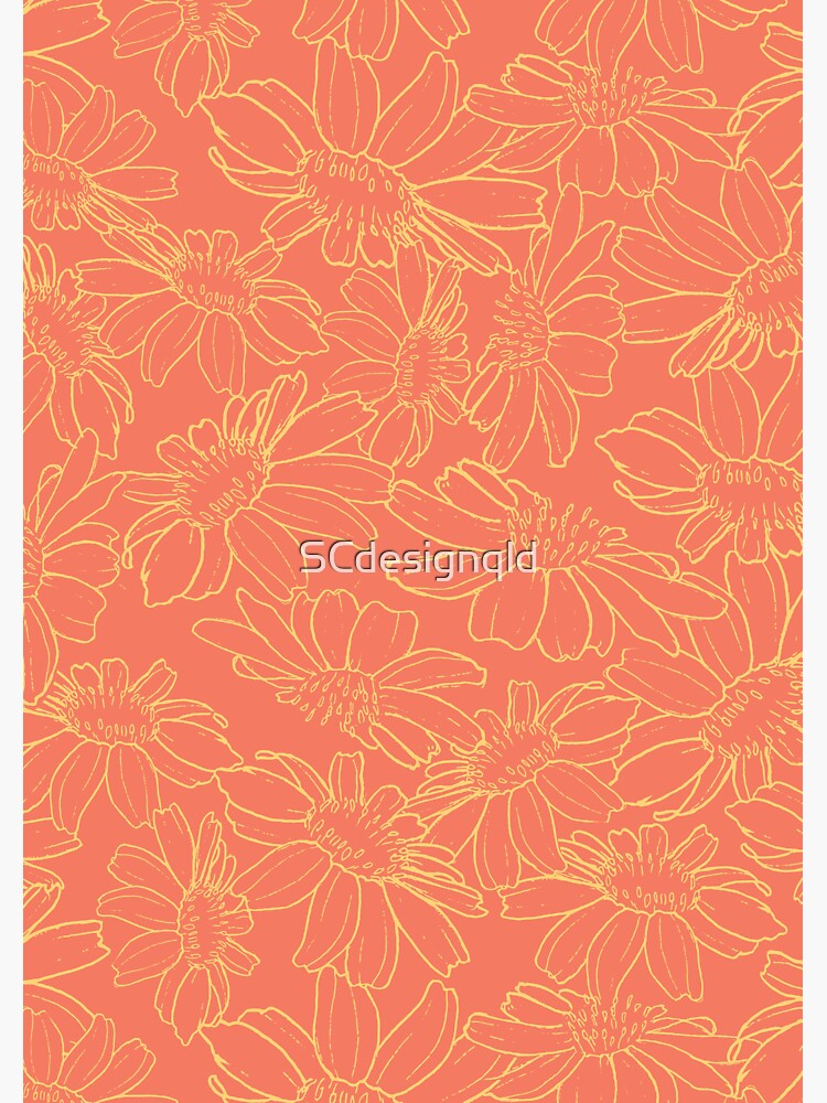 "Daisies tossed repeating pattern of line drawings with coral ...