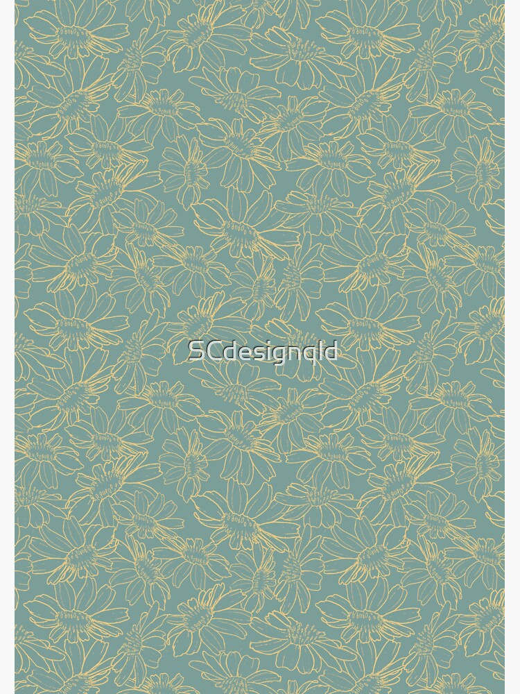 "Daisies tossed repeating pattern of line drawing with soft turquoise ...