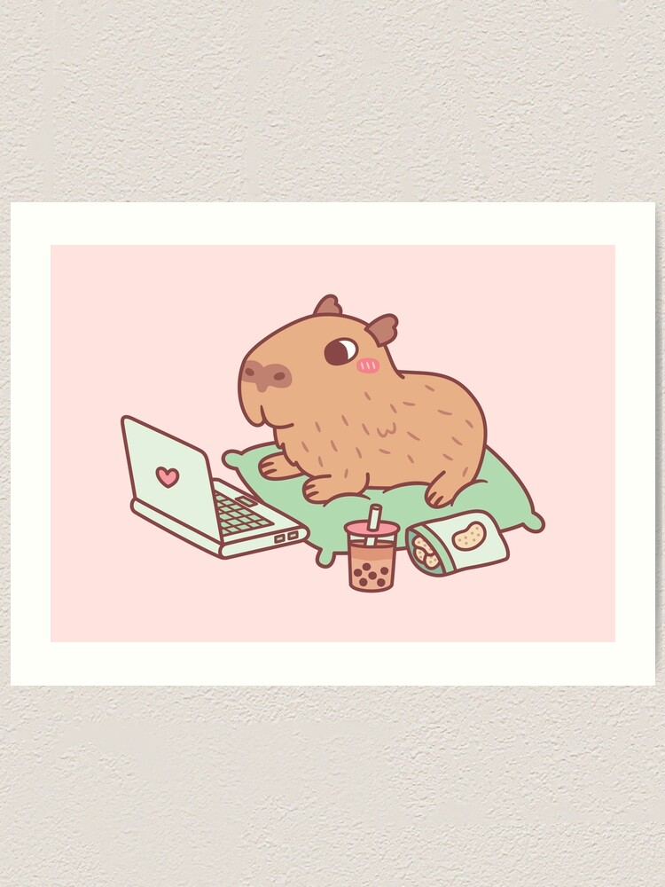 "Cute Chilling Capybara With Laptop And Snacks" Art Print for Sale by ...