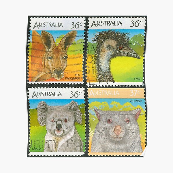 "Australian 36c Animal Stamp Set - Red Kangaroo, Emu, Koala, Wombat ...