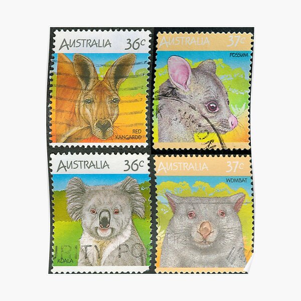 "Australian 36c Animal Stamp Set - Red Kangaroo, Possum, Koala, Wombat ...