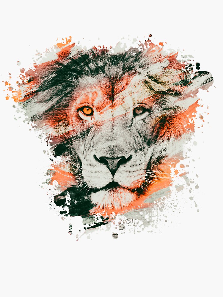Pegatina «cara de león ilustración de león verde y naranja descolorida ...